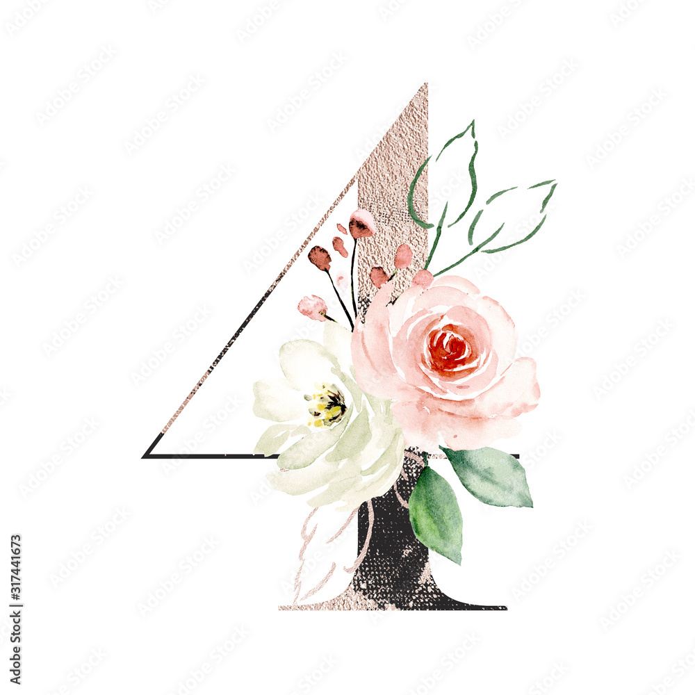 Number 4 with watercolor flowers blush roses and leaf. Perfectly for ...