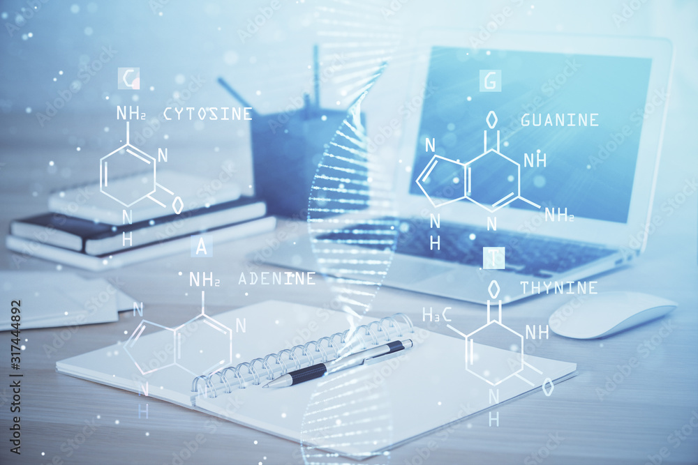 Desktop computer background and DNA drawing. Double exposure. Science ...