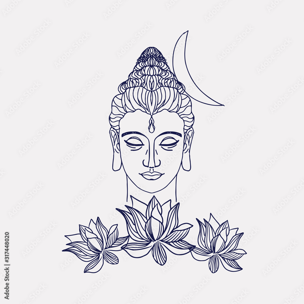 Shiva head silhouette. Vector illustration isolated. Buddhism esoteric ...