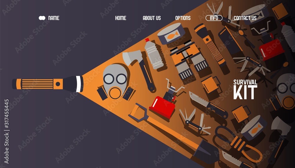Survival kit inventory, website design, vector illustration. Basic ...