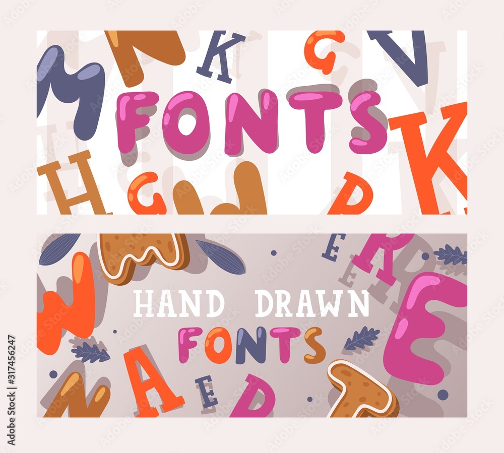 Hand drawn fonts banner, vector illustration. Collection of custom ...