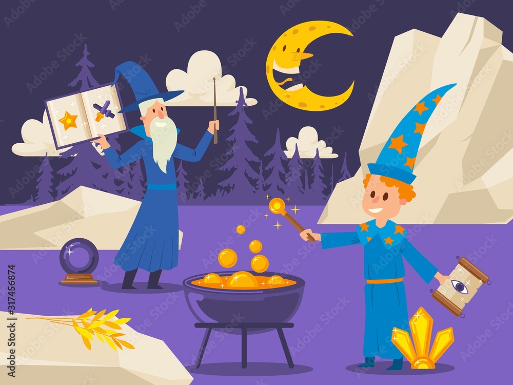 Old wizard teaches young student to cook magical potion, vector ...