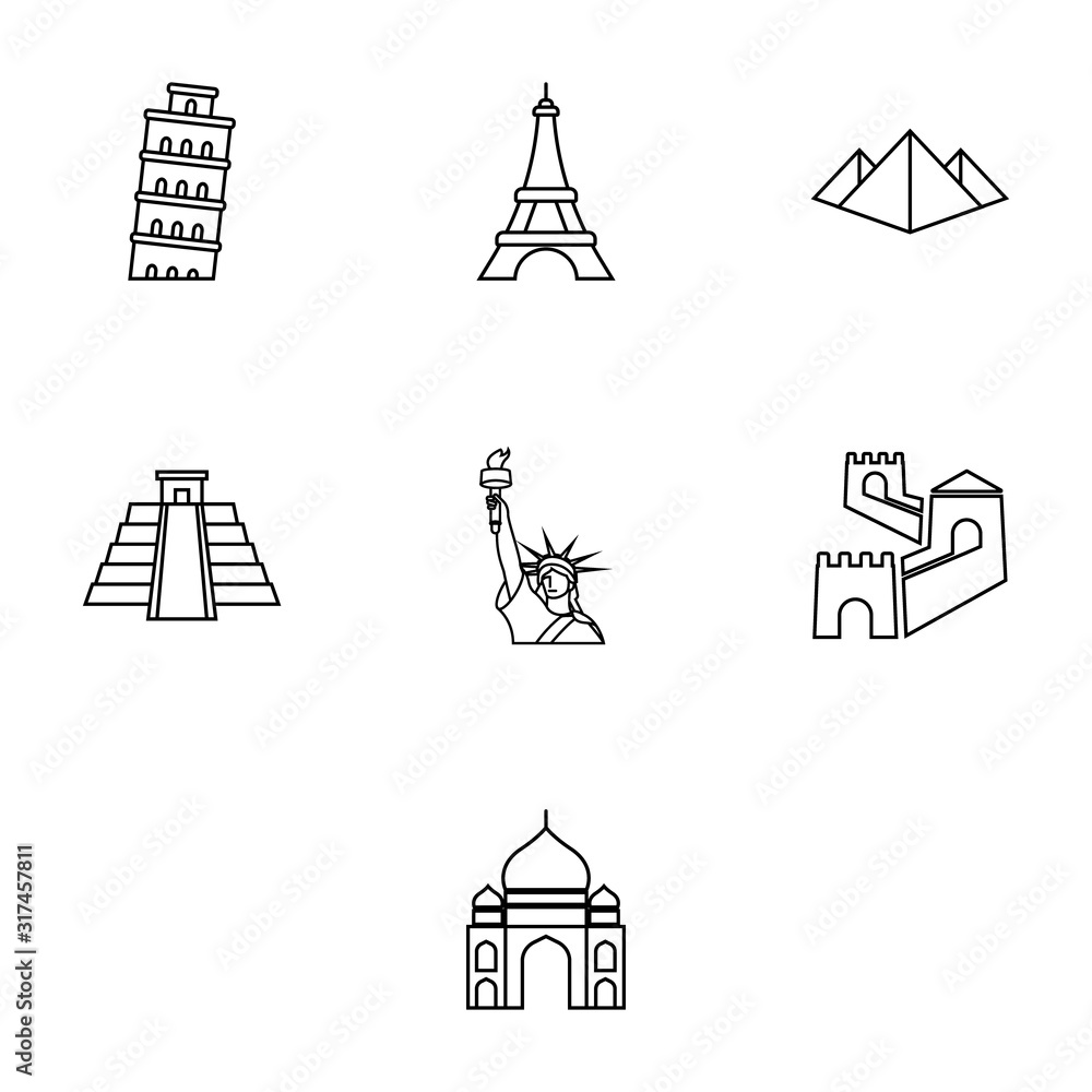 Set of seven wonders of the world icons for web or mobile app. Eiffel ...