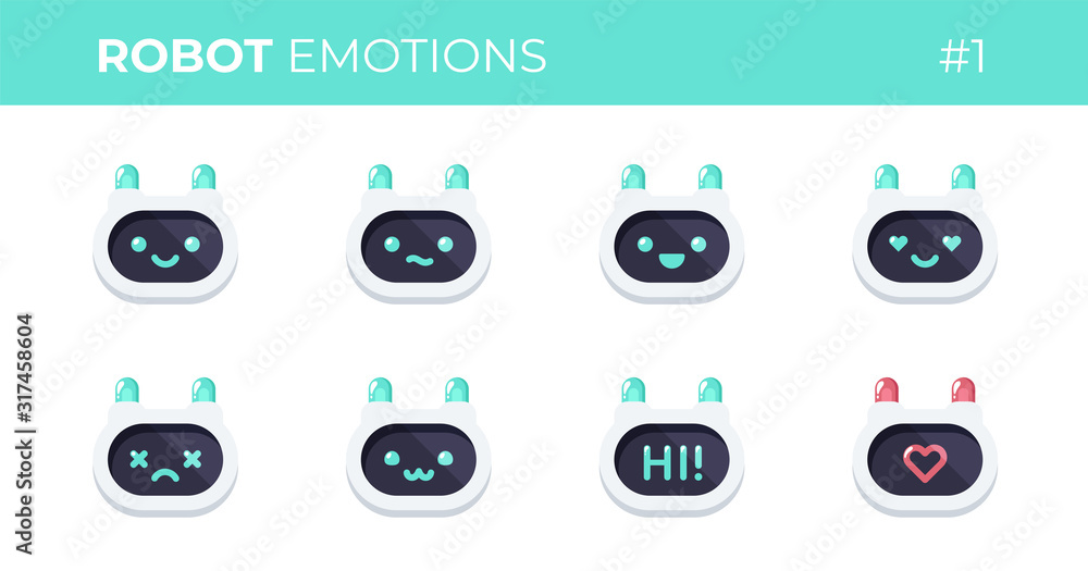 Robot Emotions Set Cute Robots Head Avatar Chat Bot With Different Faces Simple Modern Icon