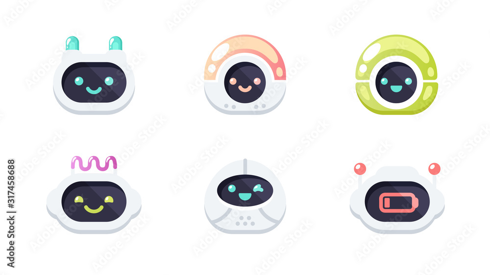 Robot emotions set. Cute robots head avatar. Chat bot with different faces. Simple modern icon ...