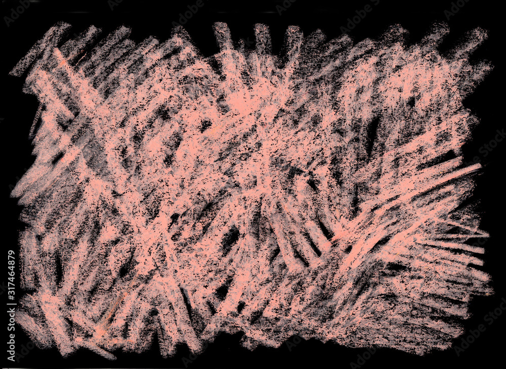 Grunge pink coral chaotic hatching in oil chalk on black paper ...