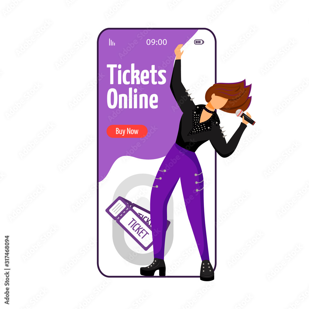 Tickets online cartoon smartphone vector app screen. Lead vocalist ...