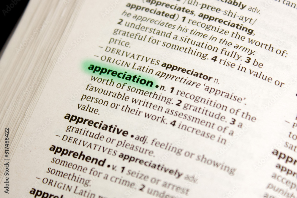 Appreciation word or phrase in a dictionary. Stock Photo | Adobe Stock
