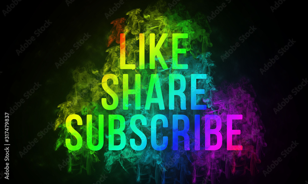Word Like, share and subscribe is written with multiple color text and ...