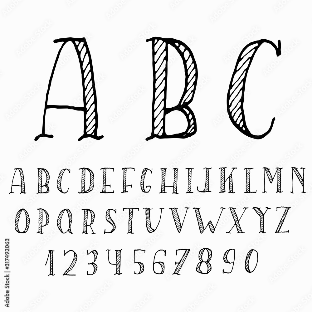 Stockvector Alphabet With Capital Letters And Numbers Only Hatched