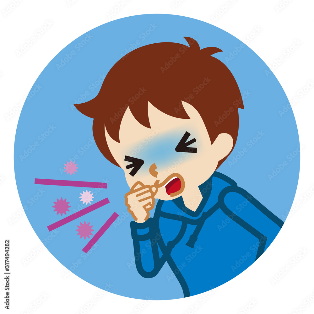 Toddler boy suffering from cough - flu symptom clip art, circular icon ...