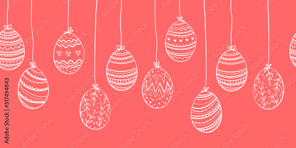 Cute hand drawn hanging easter eggs horizontal seamless pattern, fun ...
