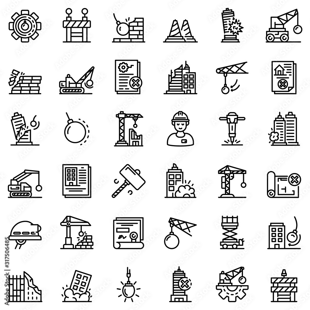 Demolition work icons set. Outline set of demolition work vector icons ...