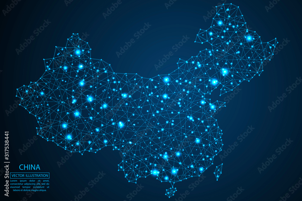 A map of China consisting of 3D triangles, lines, points, and ...