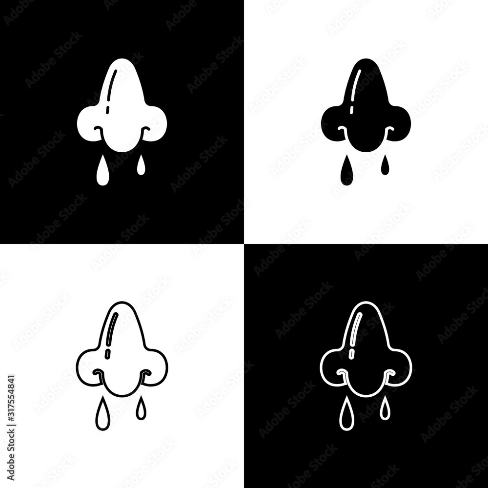 Set Runny nose icon isolated on black and white background. Rhinitis ...