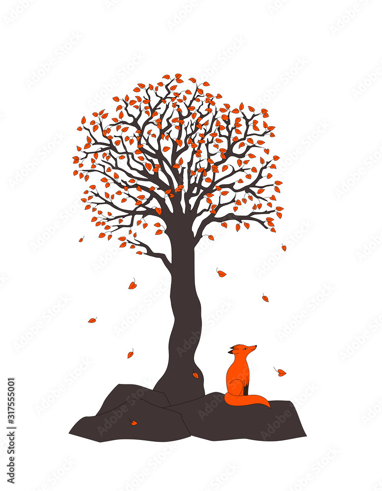 Cartoon red fox sits under black tree with red leaves Stock Vector ...