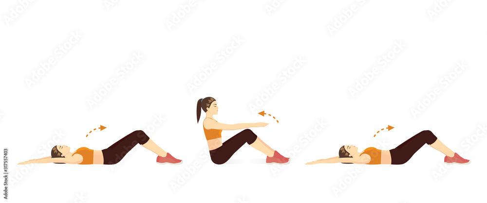 Woman lie down on her back and curl upper body to the top for touch her ...