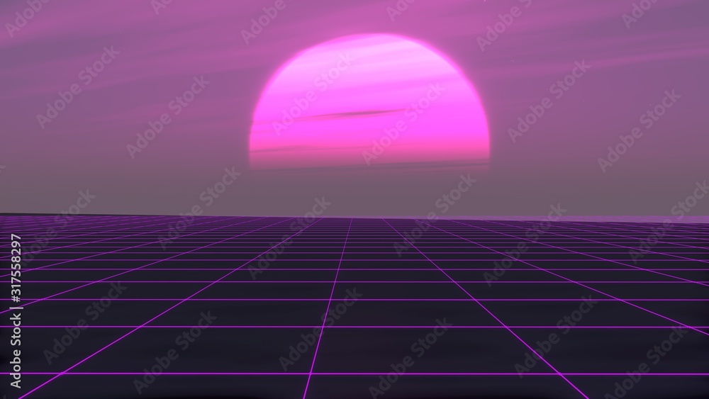 Retro futuristic scene. Huge purple sun in a haze over neon light grid ...