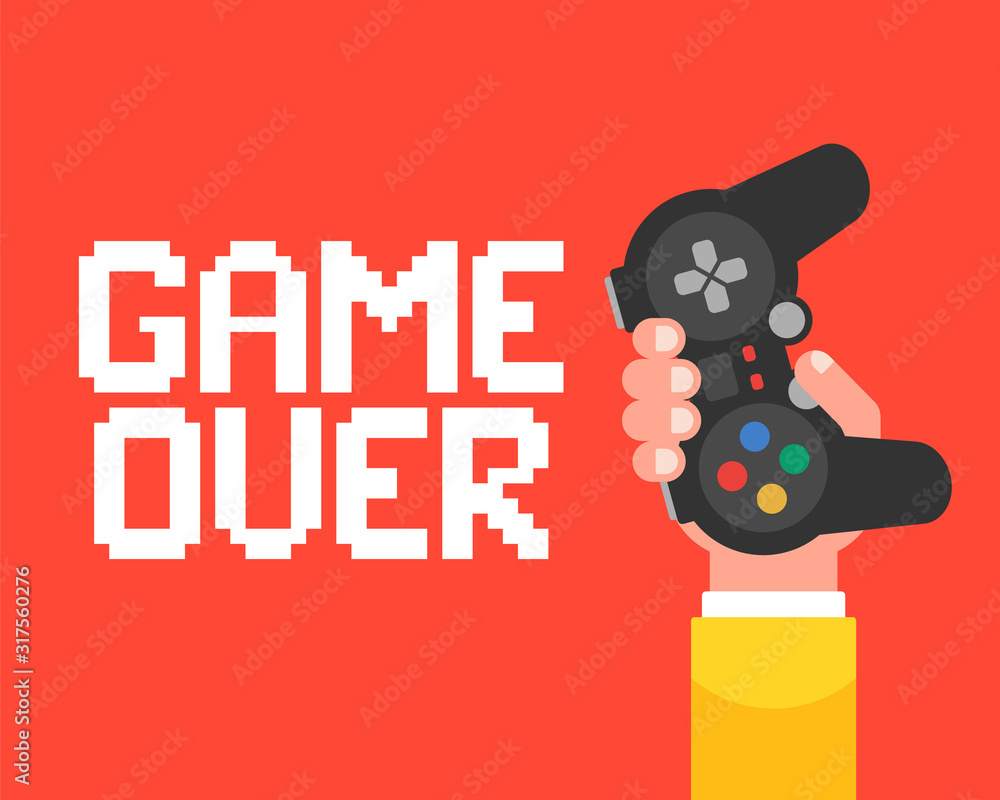 Game over poster with a hand that holds the joystick. flat vector ...