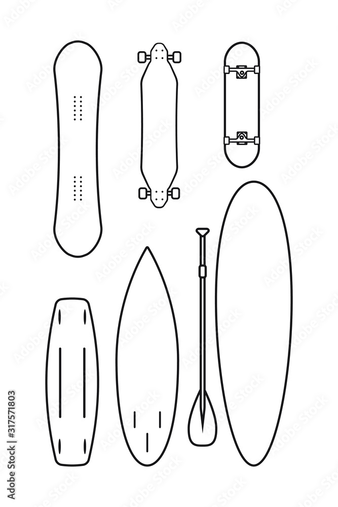 Vector flat black outline bundle of different boards isolated on white ...