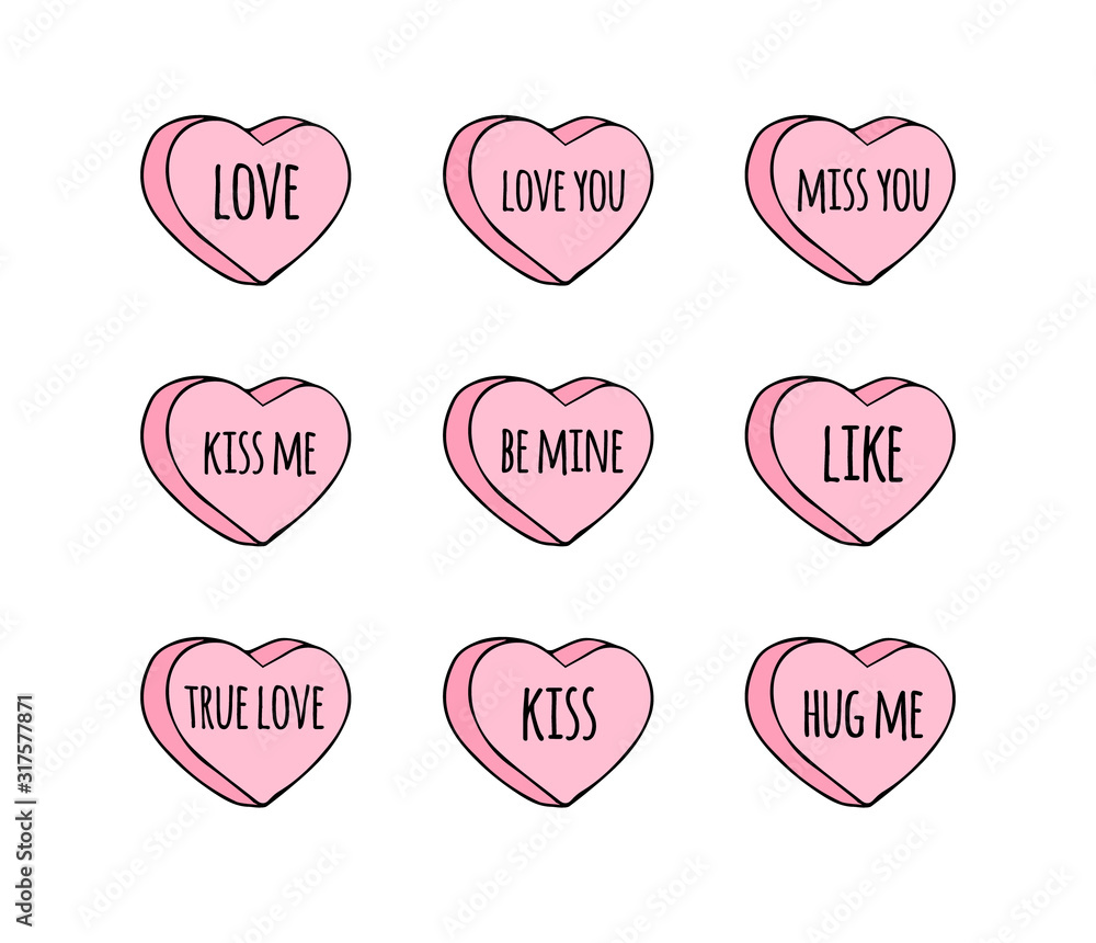 Vector hand drawn doodle set of pink sweet heart candies isolated on ...