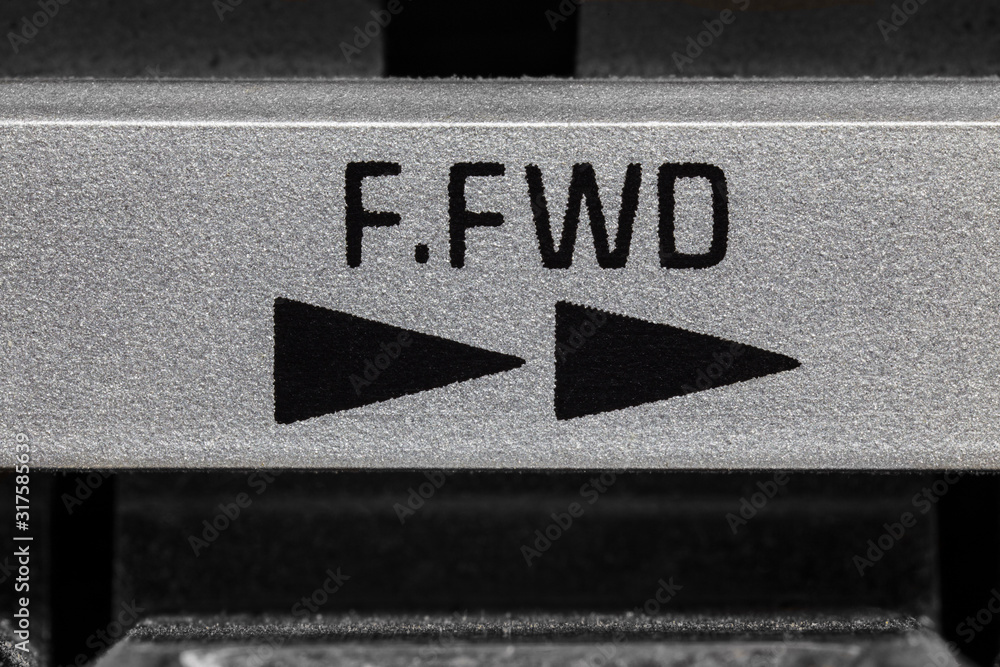 Macro close up photograph of vintage boombox tape machine fast forward ...