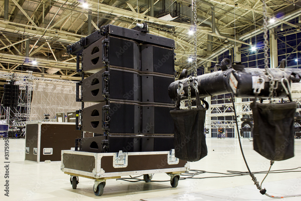 Installation of professional concert stage equipment. Chain hoists for ...