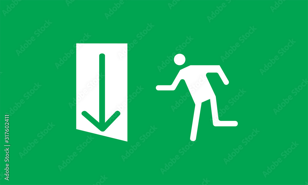 Evacuation plate Exit here Illustration. Fire safety. Green color Fire ...