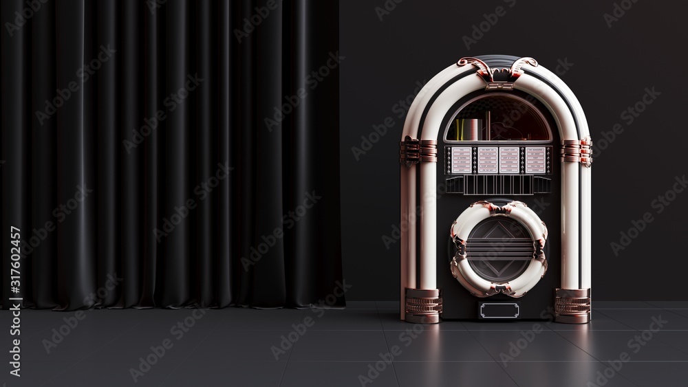Dark retro jukebox on dark black curtain wall and tile black floor. 3d ...