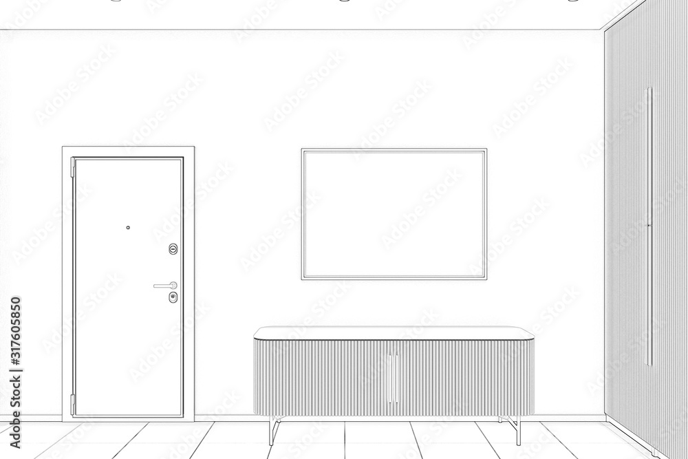 Sketch of a modern hallway interior with an entrance door, a blank ...