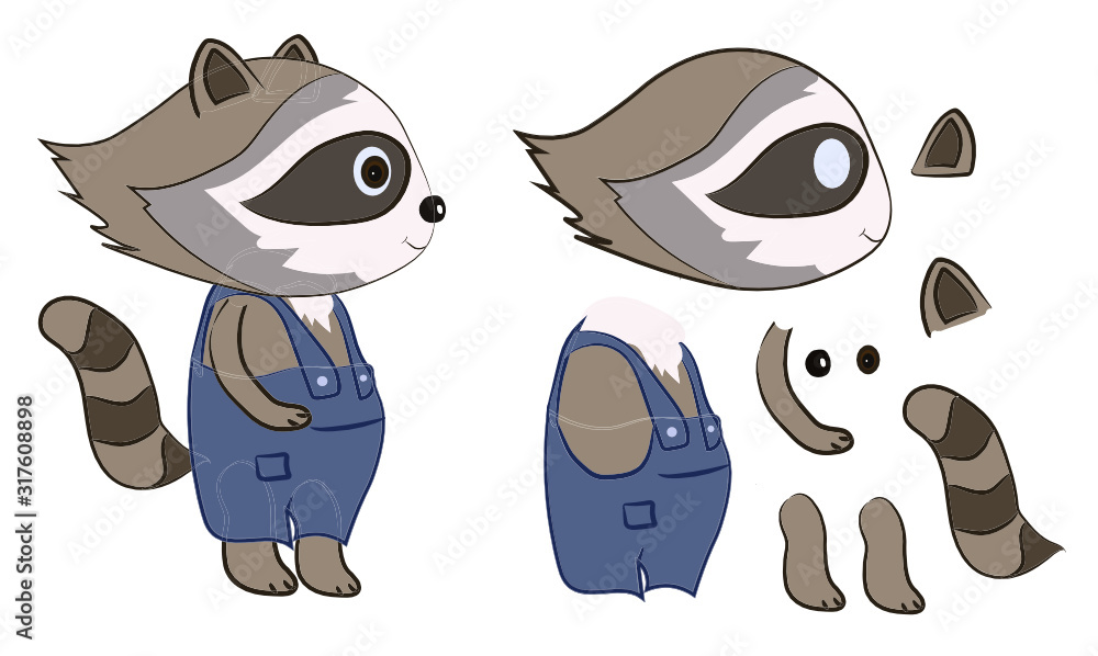 Little cartoon raccoon in blue pants - character constructor. Side view ...