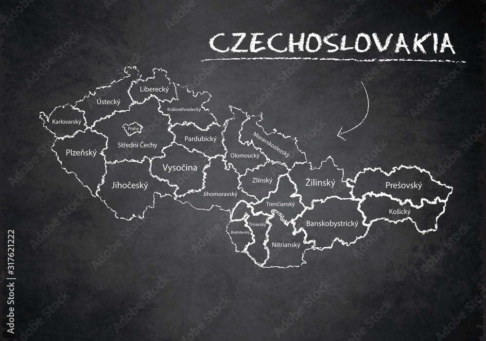 Czechoslovakia map administrative division separates regions and names ...
