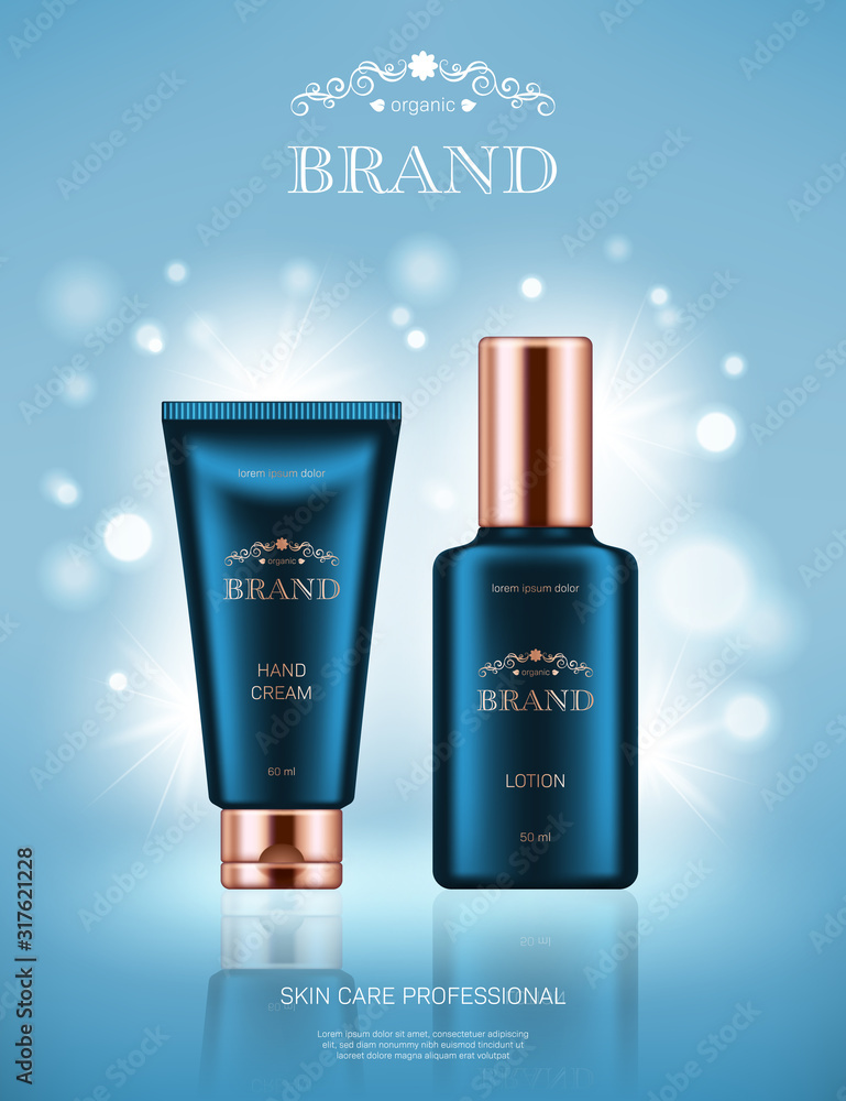 Realistic lotion bottle and hand cream tube with golden lids on light ...
