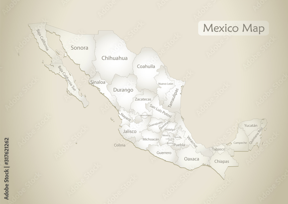 Mexico map, administrative division with names, old paper background ...
