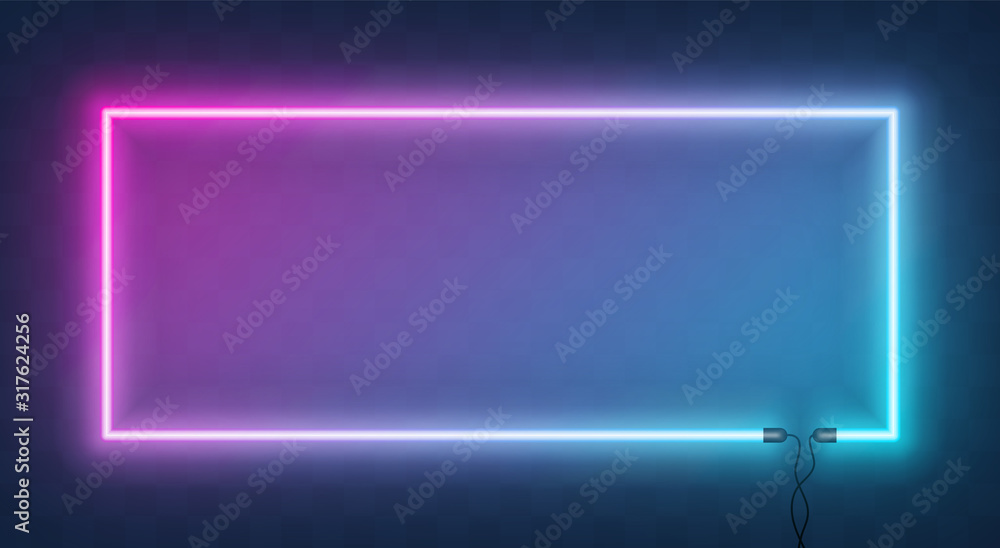 Neon horizontal rectangle frame, border with wire. Neon lights sign ...