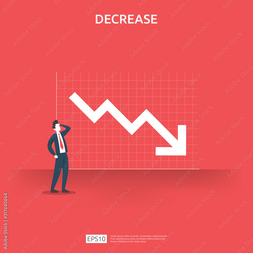 business finance crisis concept. money fall down symbol. arrow decrease ...