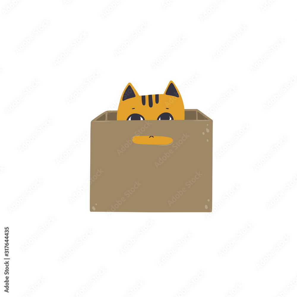 The cat is hiding in a cardboard box. Vector illustration in simple ...