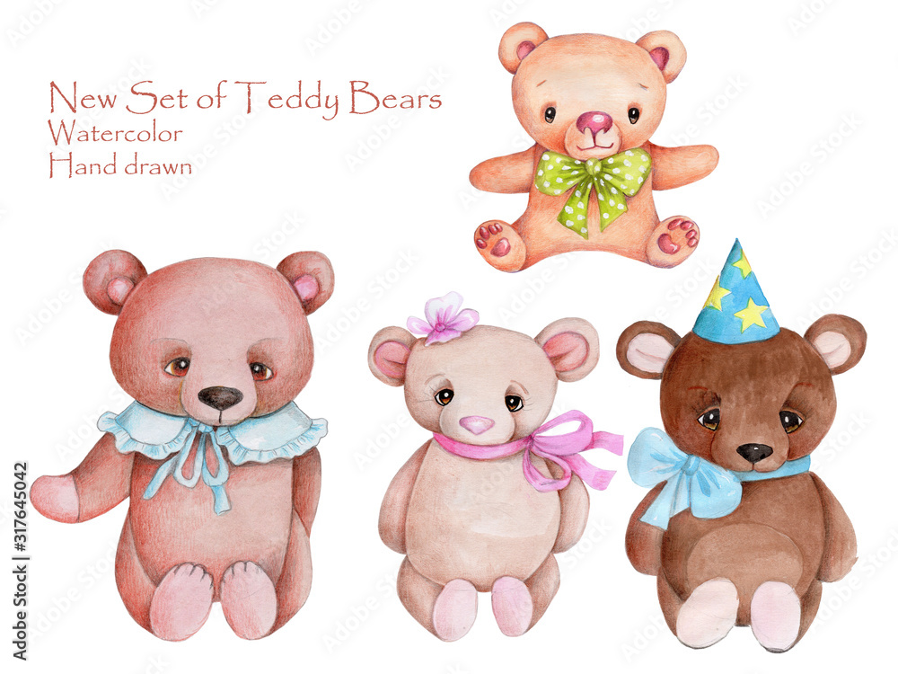 Cute adorable teddy bears,watercolor set, clipart, collection, isolated ...