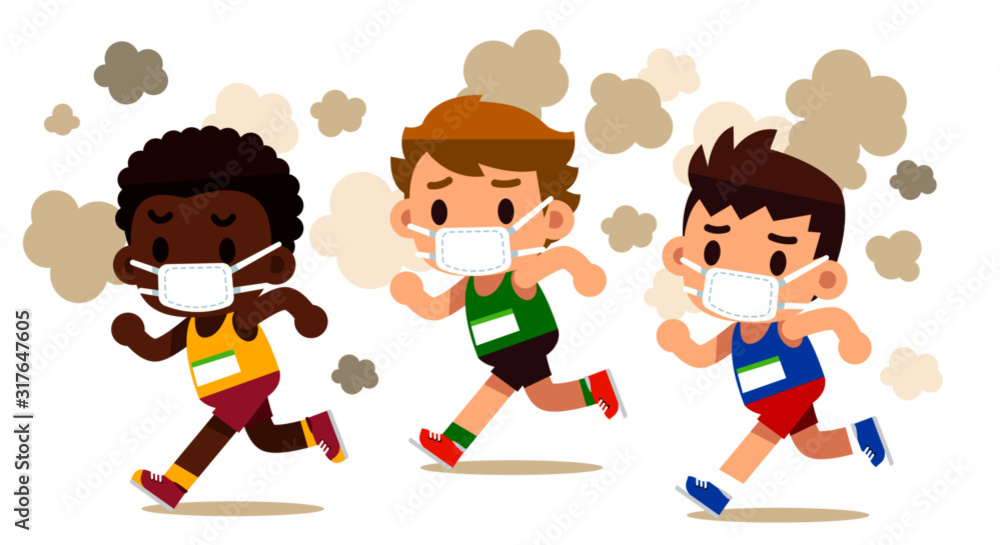 Vector set of men runner character wearing mask, running in air ...