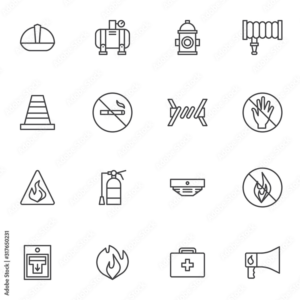 Safety equipment line icons set. linear style symbols collection ...