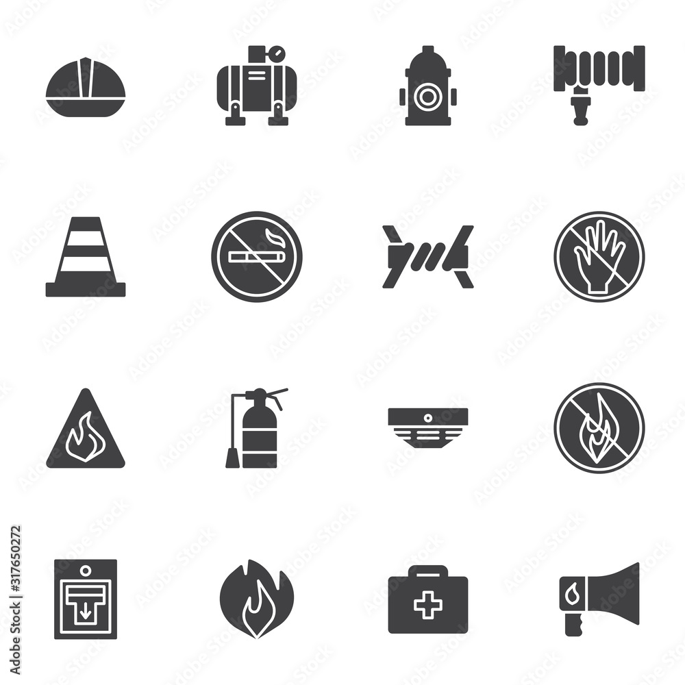 Safety equipment vector icons set, modern solid symbol collection ...