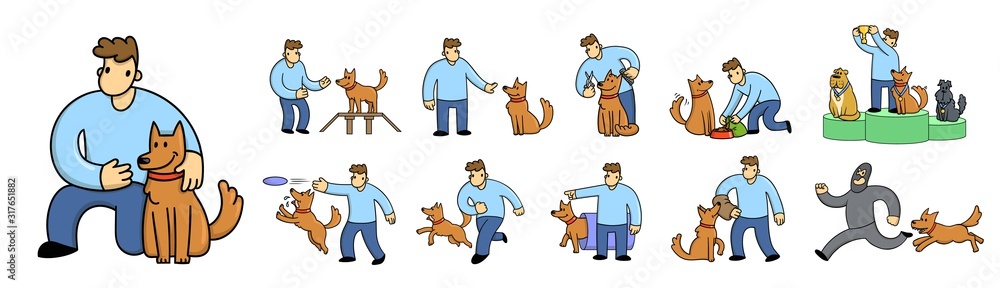 Cartoon man training his funny dog, dog agility exercise. Man and dog ...