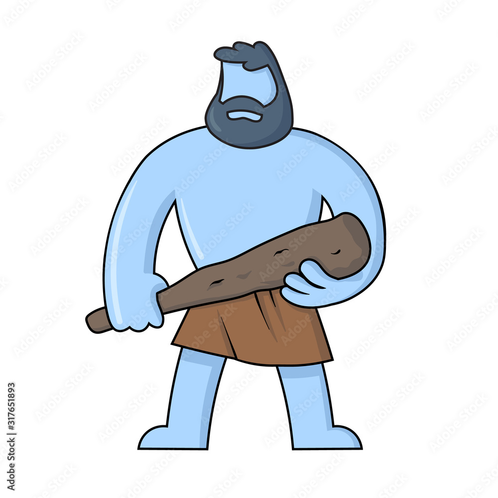 Prehistoric caveman standing with a club in his hand. Cartoon style ...