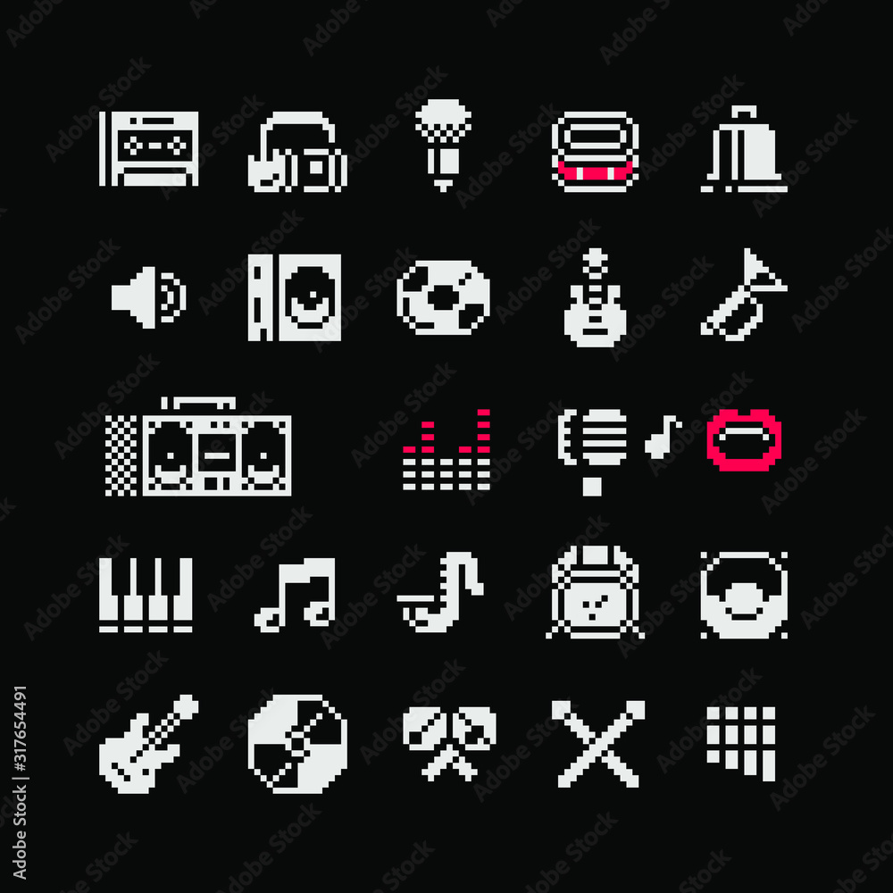 1-bit music icons set, piano, headphones, guitar, cd disc and musical ...