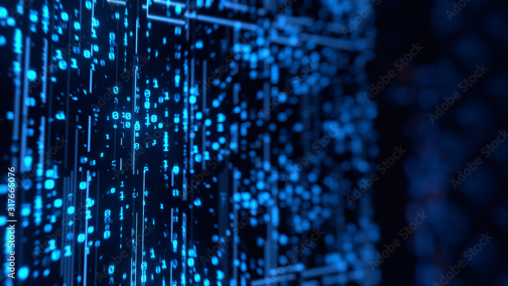 3D Rendering of blur binary data background in blue color tone. Depth of field effect applied ...
