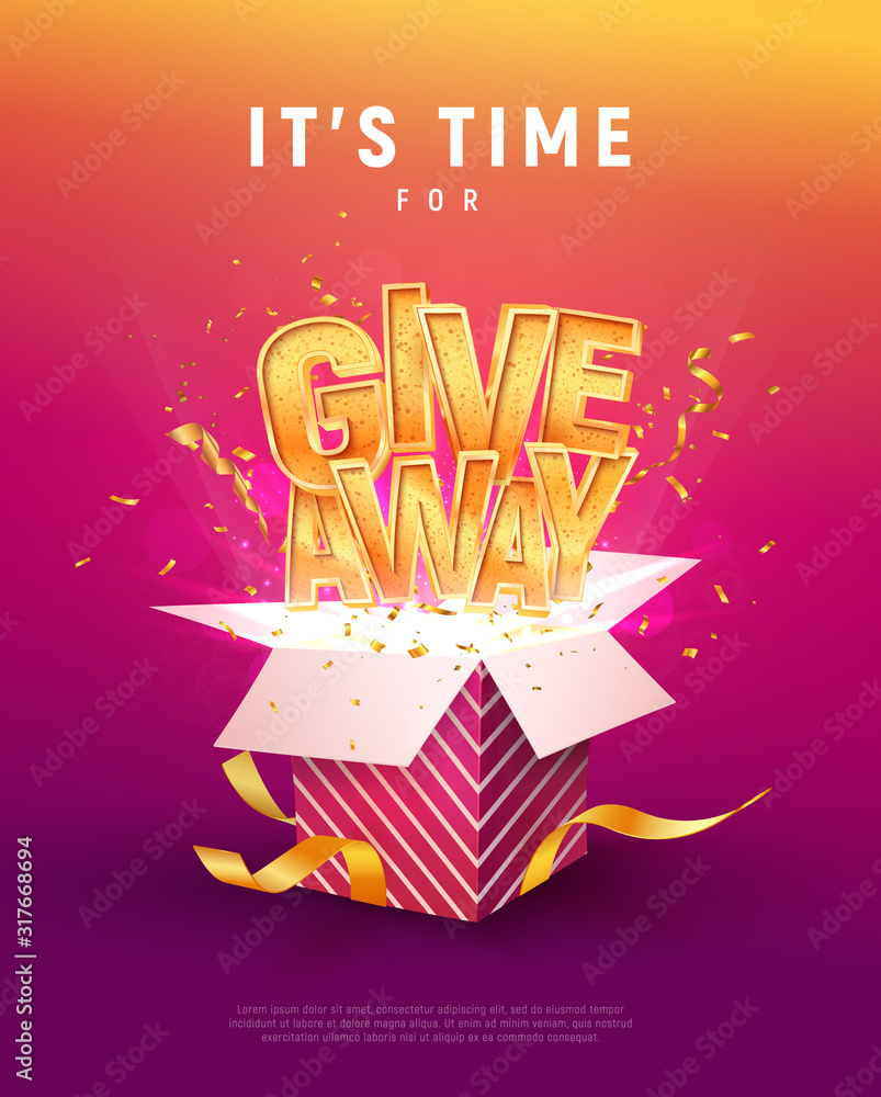 Giveaway word above open box with confetti explosion inside on colorful ...