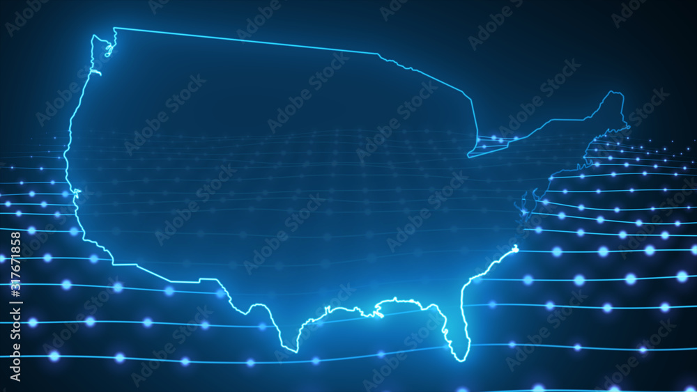 ภาพประกอบสต็อก United States of America Digital Map with Glowing lines ...