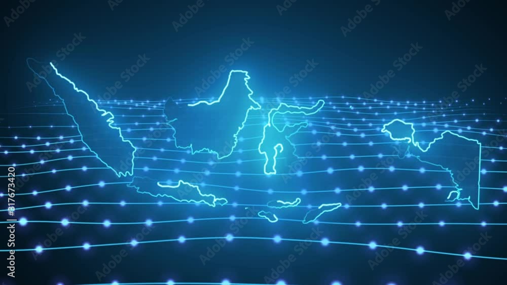 Animated Loop Background of Indonesia Digital Map with Glowing lines and particles Technology ...