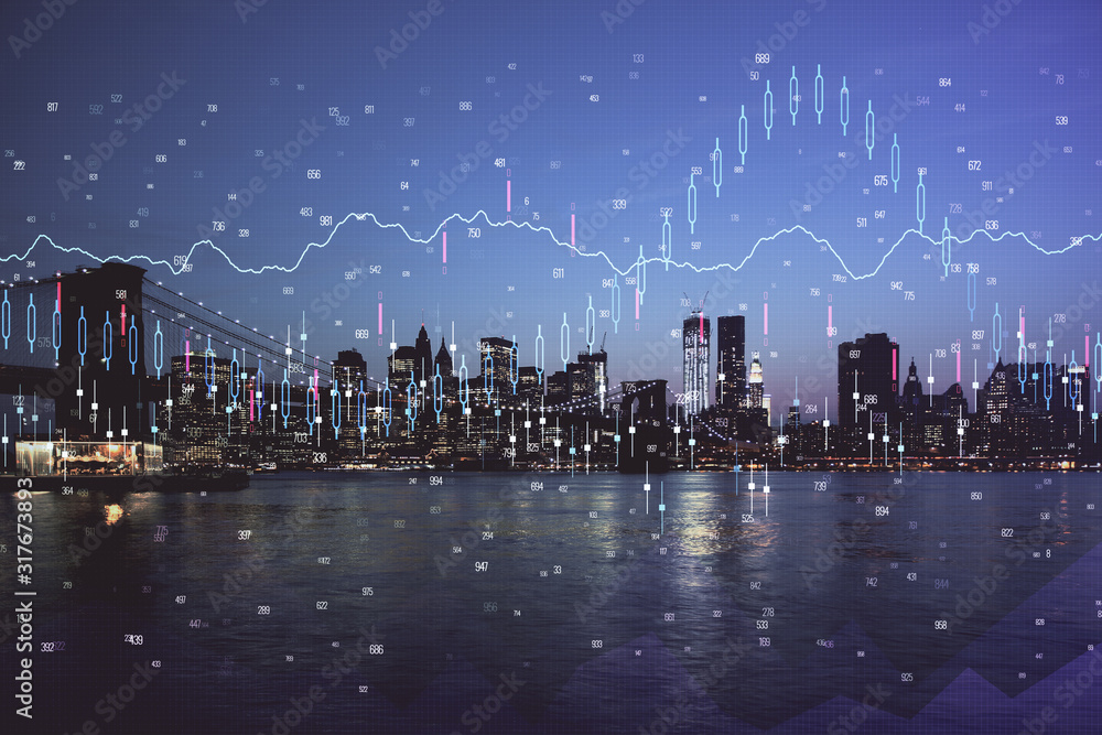 Financial graph on night city scape with tall buildings background ...