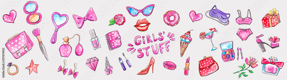 Girl's Stuff Doodle Hand Drawn Watercolor Clip Art. Funny Big Set of ...